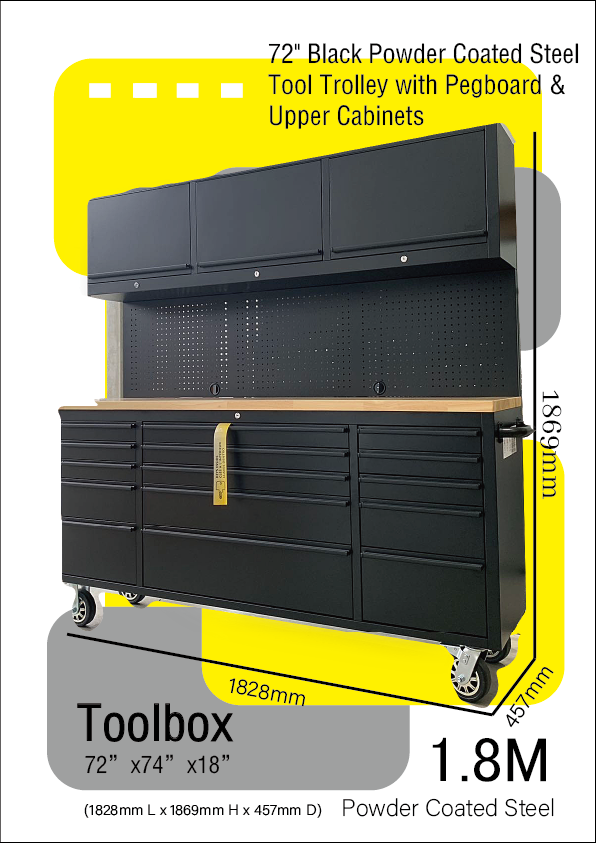 72" 1.8M 18 Drawer Black Powder Coated Steel Tool Trolley